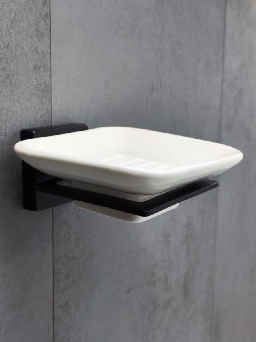 Мыльница для ванной Rainbowl 2785-8BP CUBE квадратная настенная керамика чёрная матовая