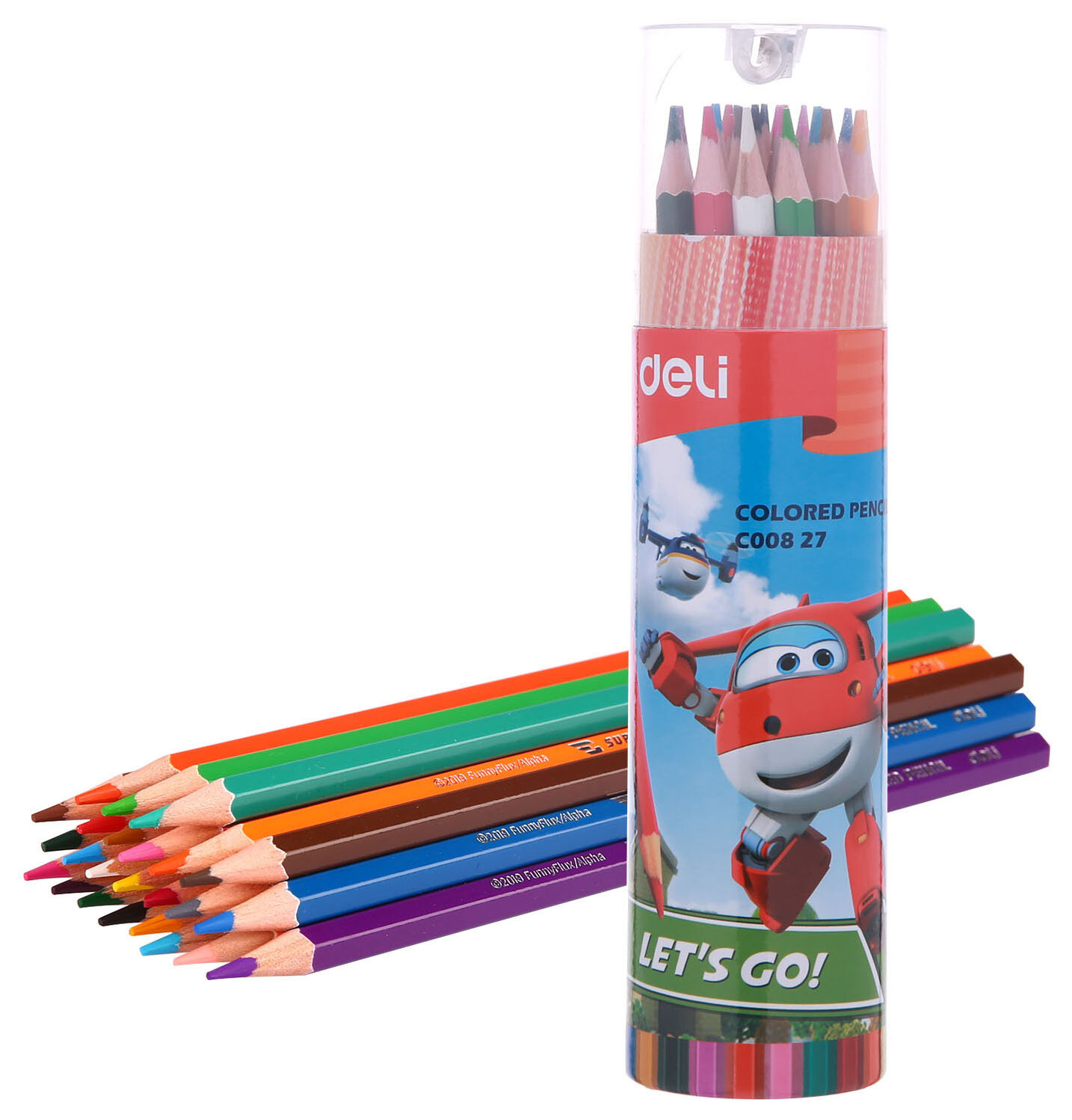 Набор из 12 штук Карандаши цветные Deli EC00827 Super Wings шестигранный тополь 24 цвета туба пластиковая