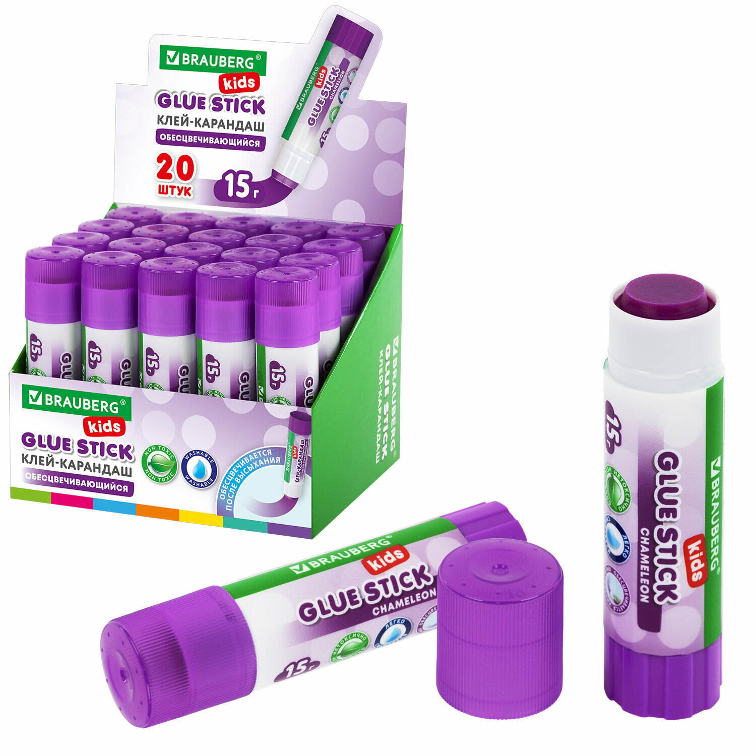 Клей-карандаш BRAUBERG KIDS 15 г, обесцвечивающийся после высыхания, 271711 (упаковка 20 шт.)