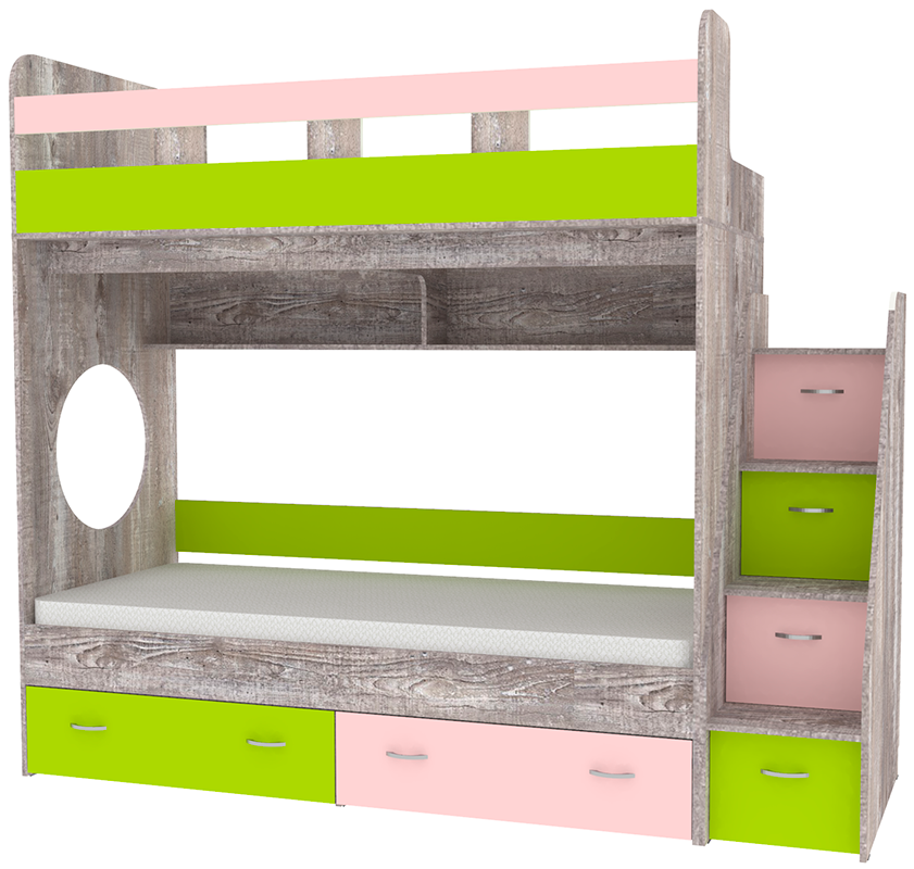 Двухъярусная кровать Юниор 1 80x160 Бетон Розовый/Лайм