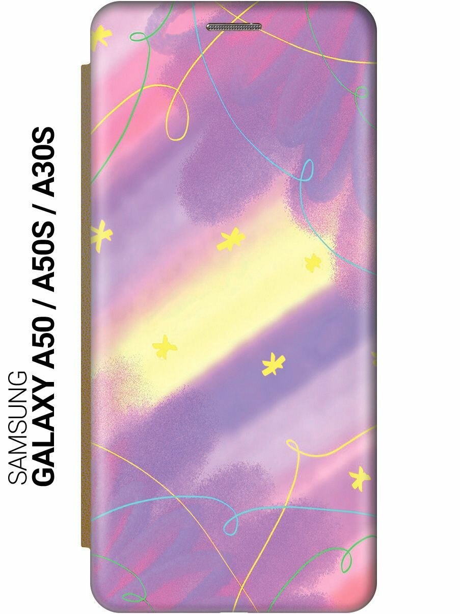 Чехол-книжка на Samsung Galaxy A50, A50s, A30s, Самсунг А50, А30с, А50с c принтом "Сиреневые сны" золотистый