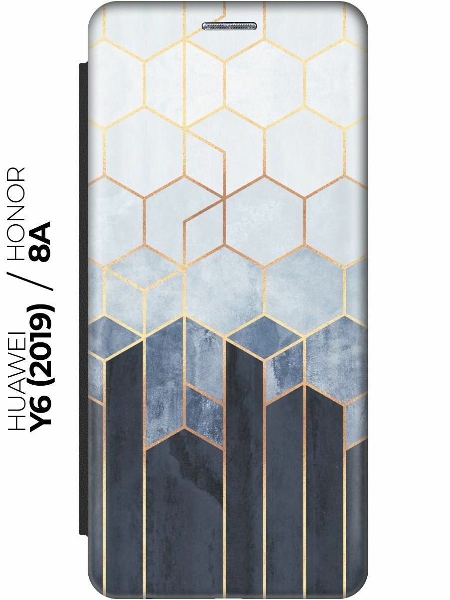 Чехол-книжка Золотые соты на сером на Honor 8A / 8A Pro / Huawei Y6 (2019) / Y6 Prime (2019) / Хонор 8а / 8а Про / Хуавей У6 Прайм 2019 черный