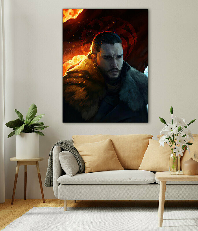 Интерьерная картина на холсте "Игра престолов - Джон Сноу на фоне пламени" размер 22x30 см