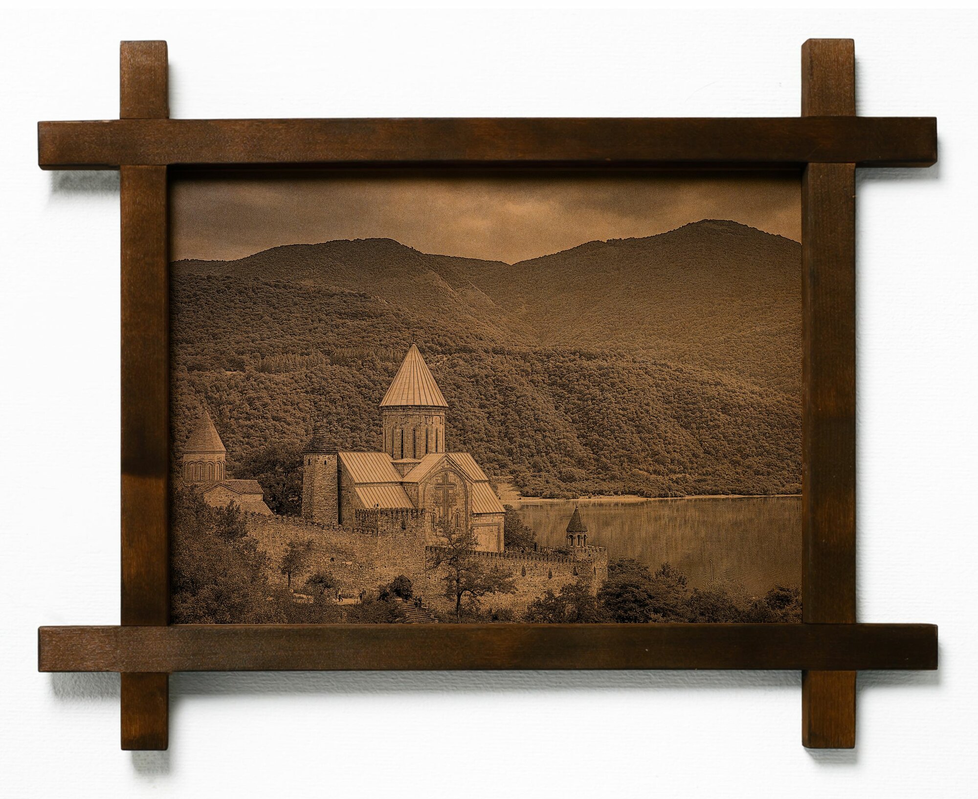 Картина интерьерная, натуральная кожа, "Крепость Ананури в окрестностях Тбилиси", в деревянной раме, BoomGift