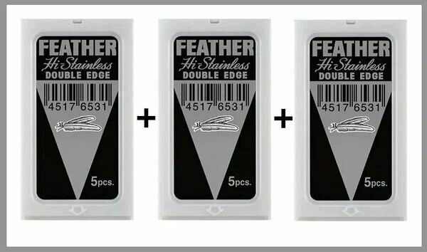 Двусторонние японские лезвия FEATHER чёрная упаковка "Hi-Stainless" Platinum для T-образных бритв и шаветок (3 упаковки по 5 лезвий)