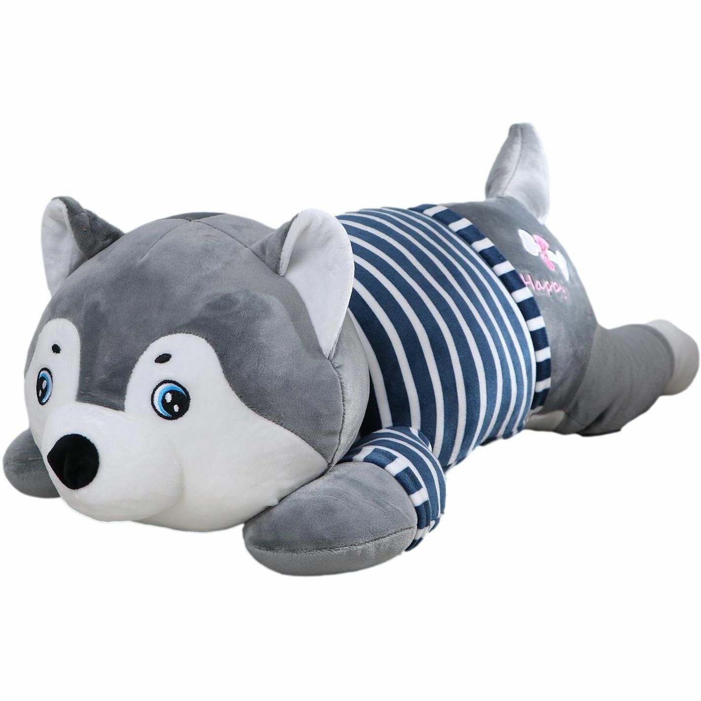 Мягкая игрушка Хаски лежачая, в полосатой синей кофте, серый 70 см