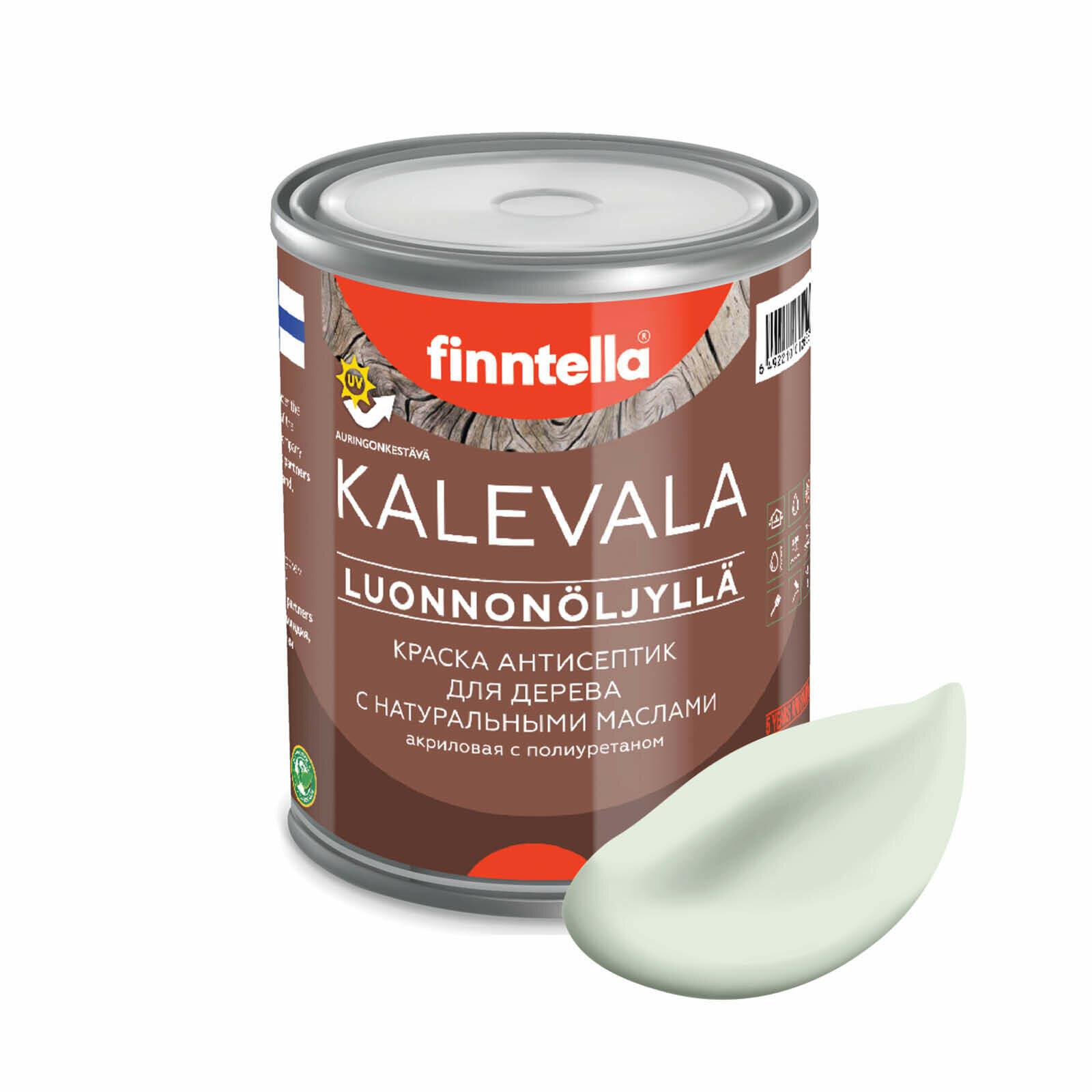 Краска для дерева и деревянных фасадов FINNTELLA KALEVALA, с натуральным маслом и полиуретаном, цвет KALPEA (бледно-зеленый) , 0,9л
