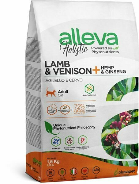 Диуса Пет Корм Alleva Holistic д/взрослых кошек с ягненком и олениной, коноплей и женьшенем 1,5кг (2752)