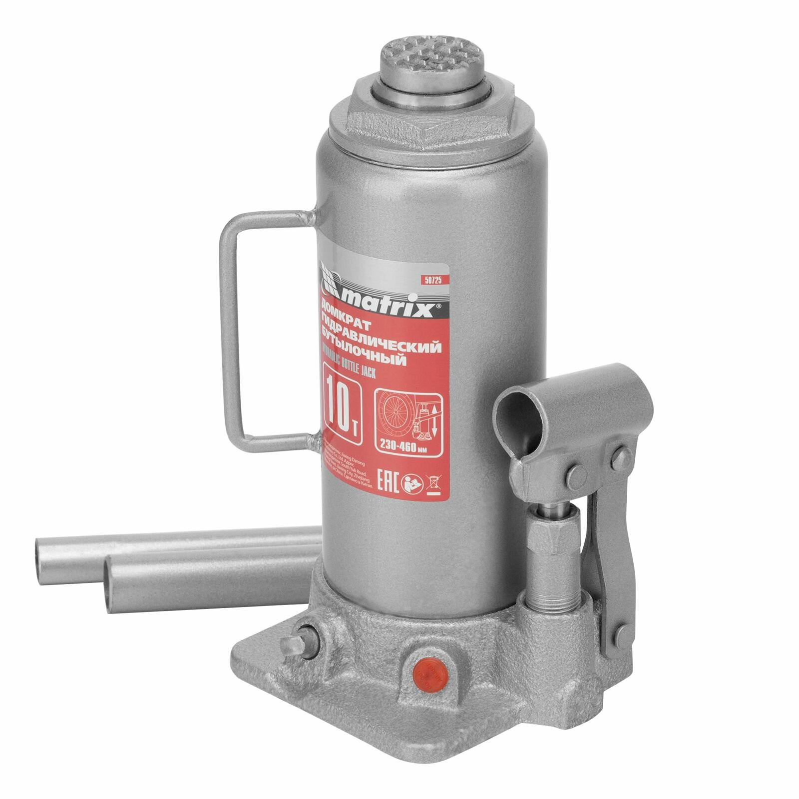 Домкрат бутылочный MATRIX гидравлический, 10 т, высота подъема 230-460 мм (50725)