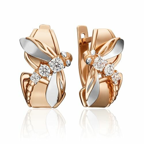 Серьги, комбинированное золото, 585 проба, родирование, фианит