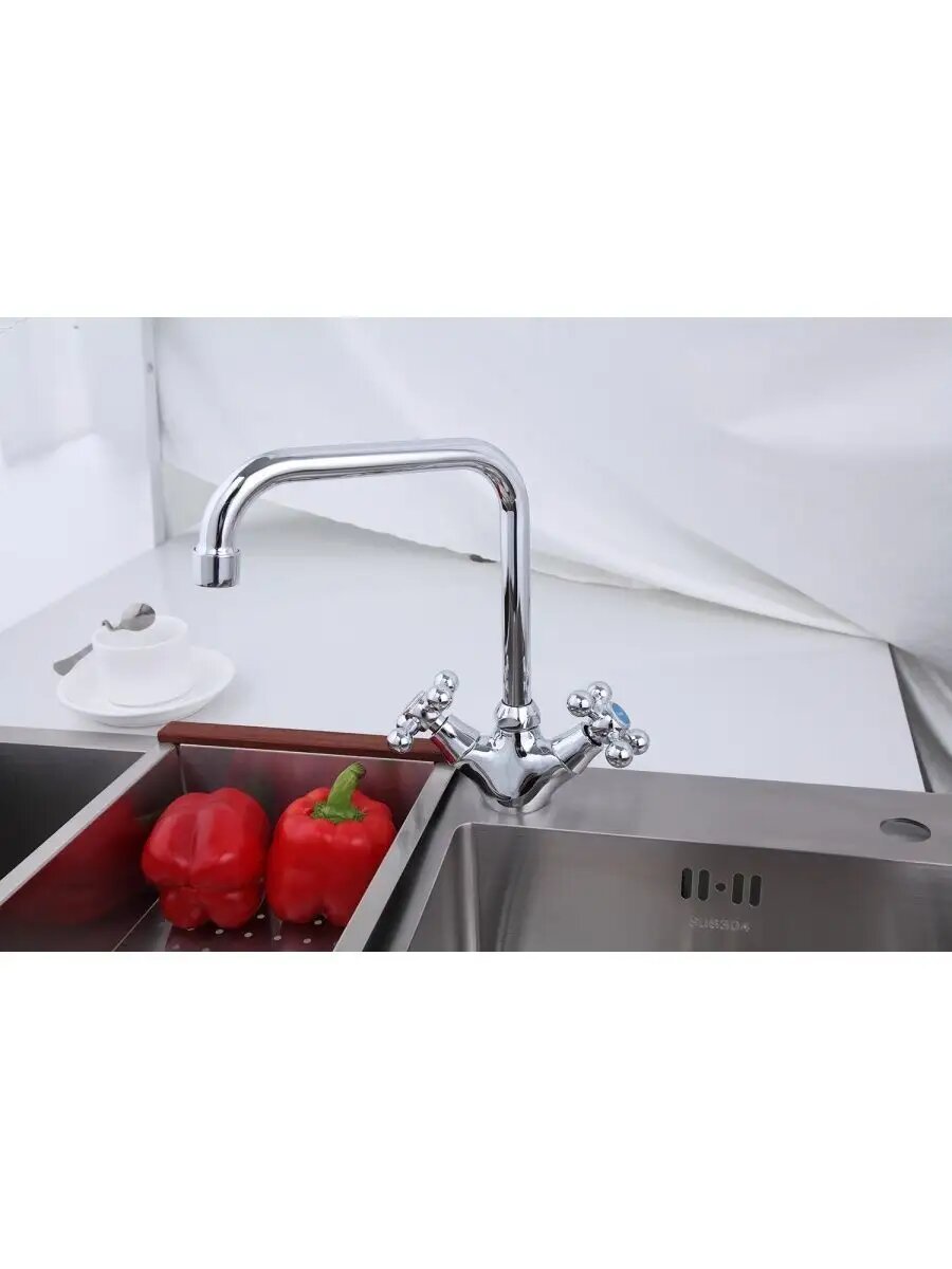 Смеситель Frap F4019, кухонный, двухрычажный, поворотный излив, керамический, серебристый