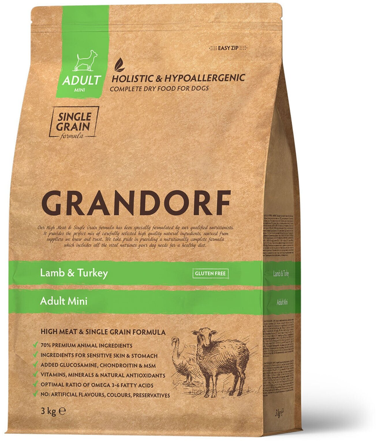 Сухой корм для собак мелких пород GRANDORF Mini Adult Lamb & Turkey, ягненок с индейкой, 3кг