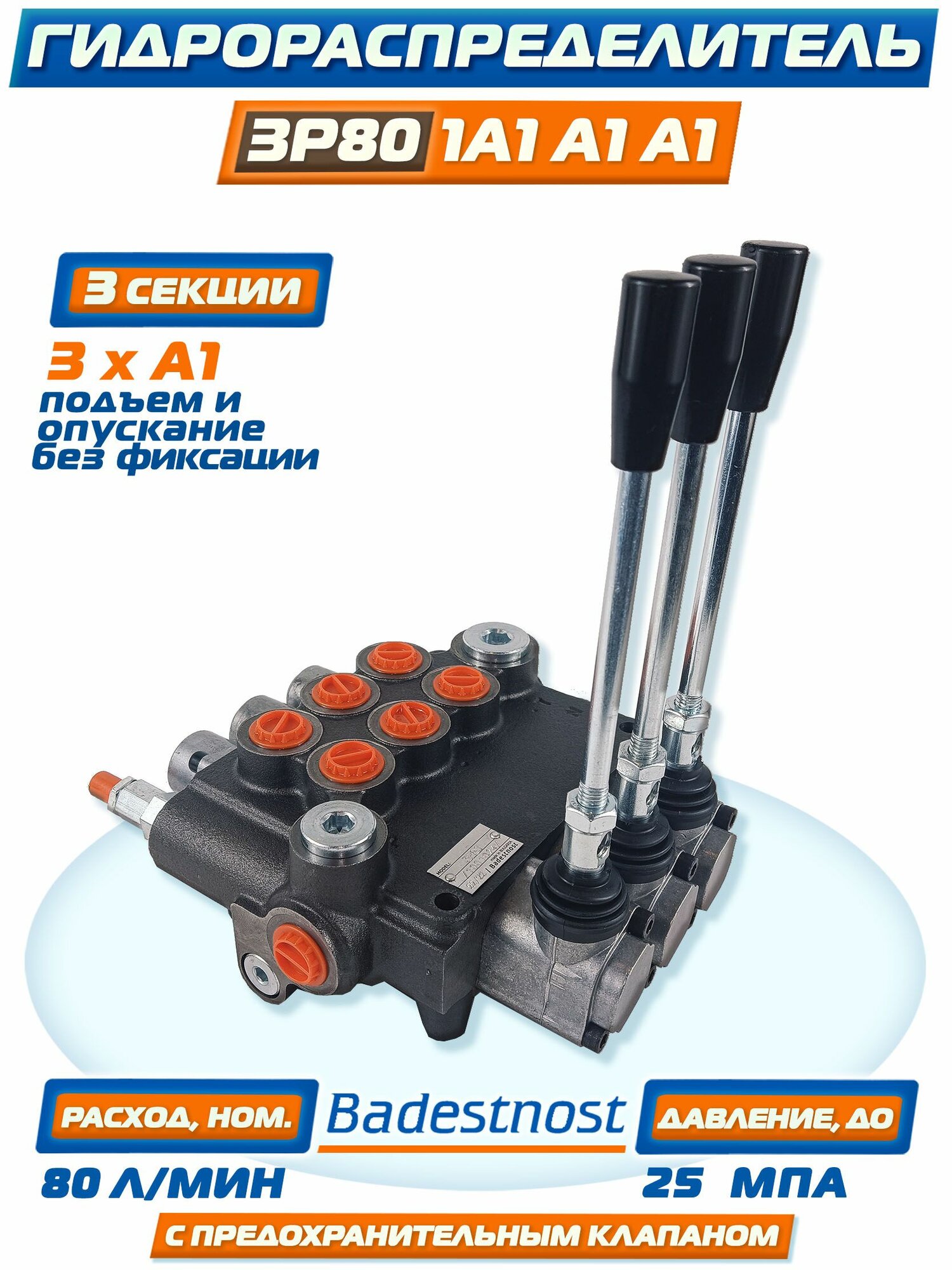 Гидрораспределитель 3P801A1А1А1 Gkz1, "Badestnost" Болгария, 80 литров в минуту, 3 секции без фиксации.