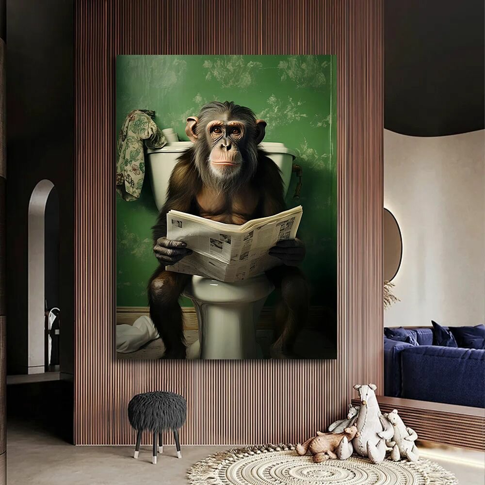 Картина в туалет, ванную комнату Обезьяна читает газету, 30х40 см.