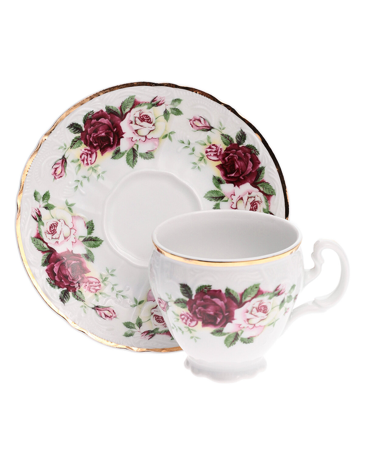 Чашка 170 мл с блюдцем 140 мм высокая; "Bernadotte", декор "Английская роза, отводка золото", 6 шт