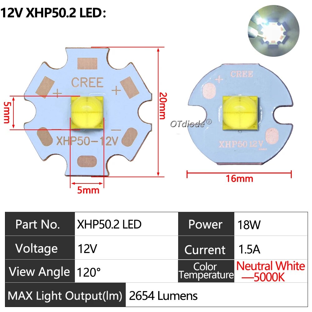 LED-светодиоды XHP50 XHP50.2 для фонарика XHP50.2-12V NW4500K, 20mm Led 1pcs