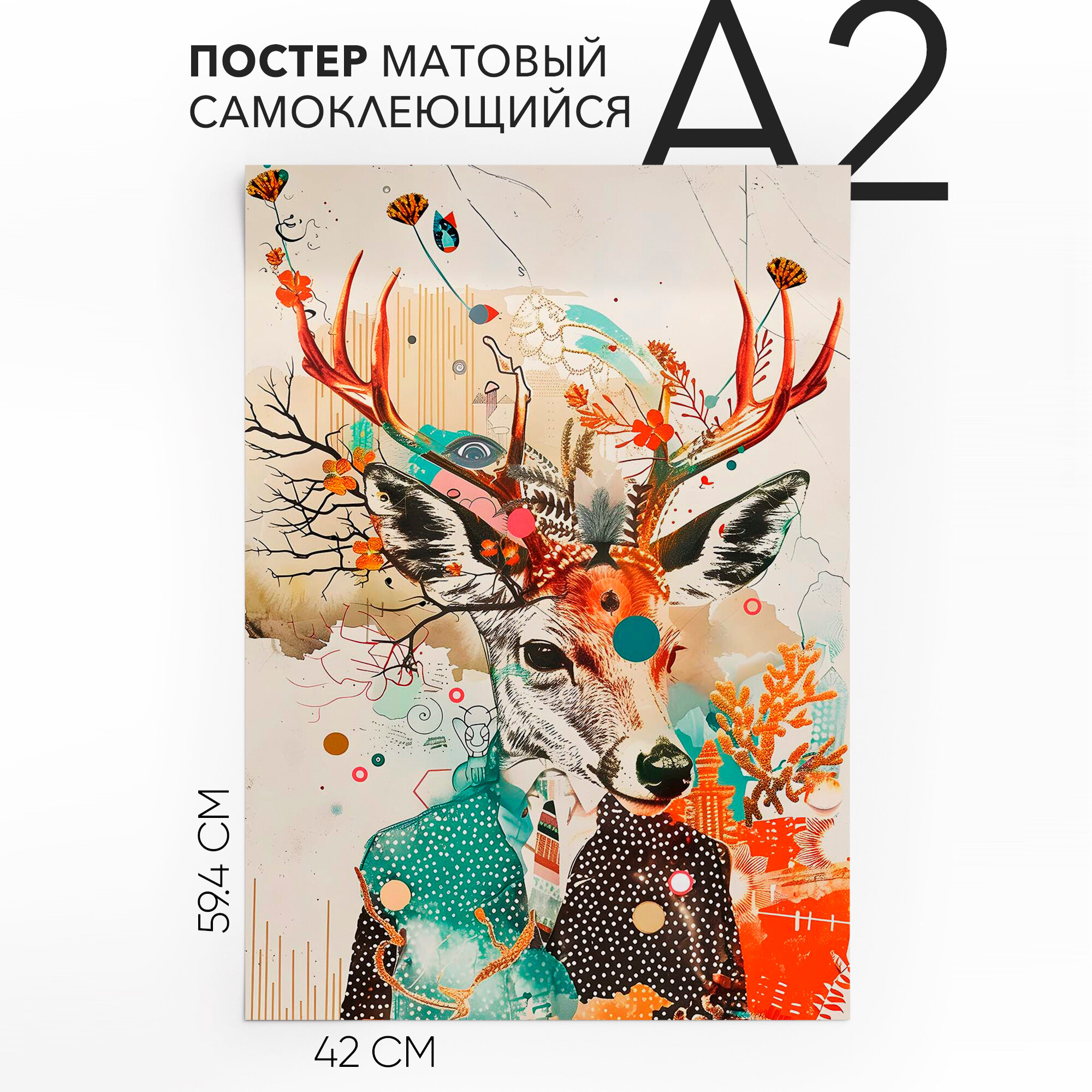 Постеры для интерьера самоклеящийся, большой A2 Олень, влагостойкий, для декора
