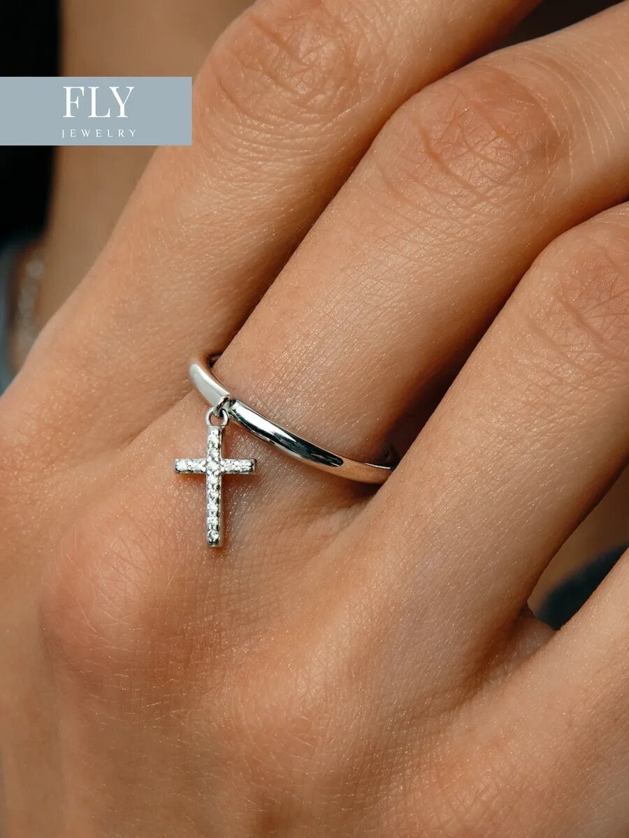 Кольцо тонкое, серебро, 925 проба, родирование, фианит