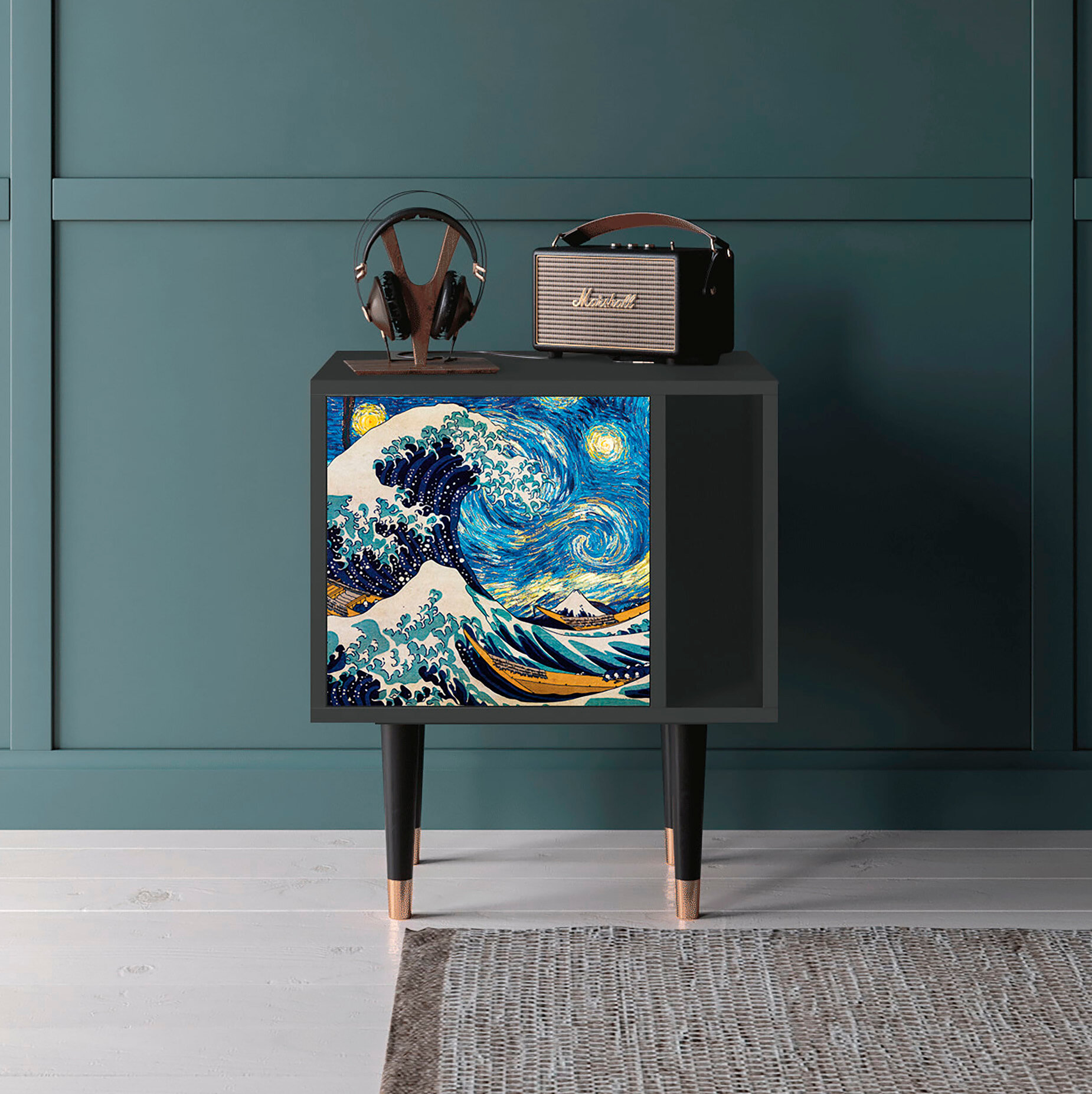 Прикроватная тумба - STORYZ - S2 The Great Wave off Kanagawa by Hokusai, Размер - 58 x 69 x 48 см, Цвет - Антрацит