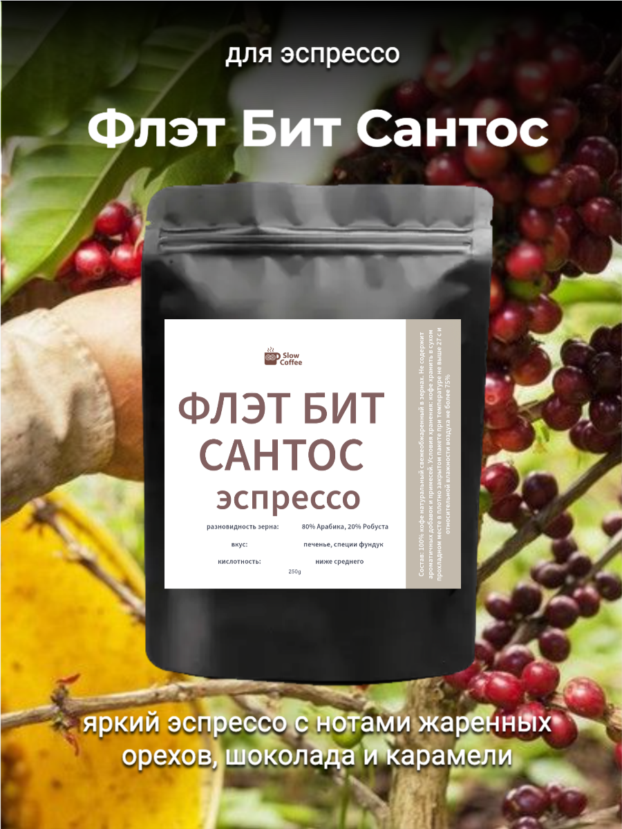 Кофе для эспрессо Флэт Бит Сантос Slow Coffee, в зернах 250 г
