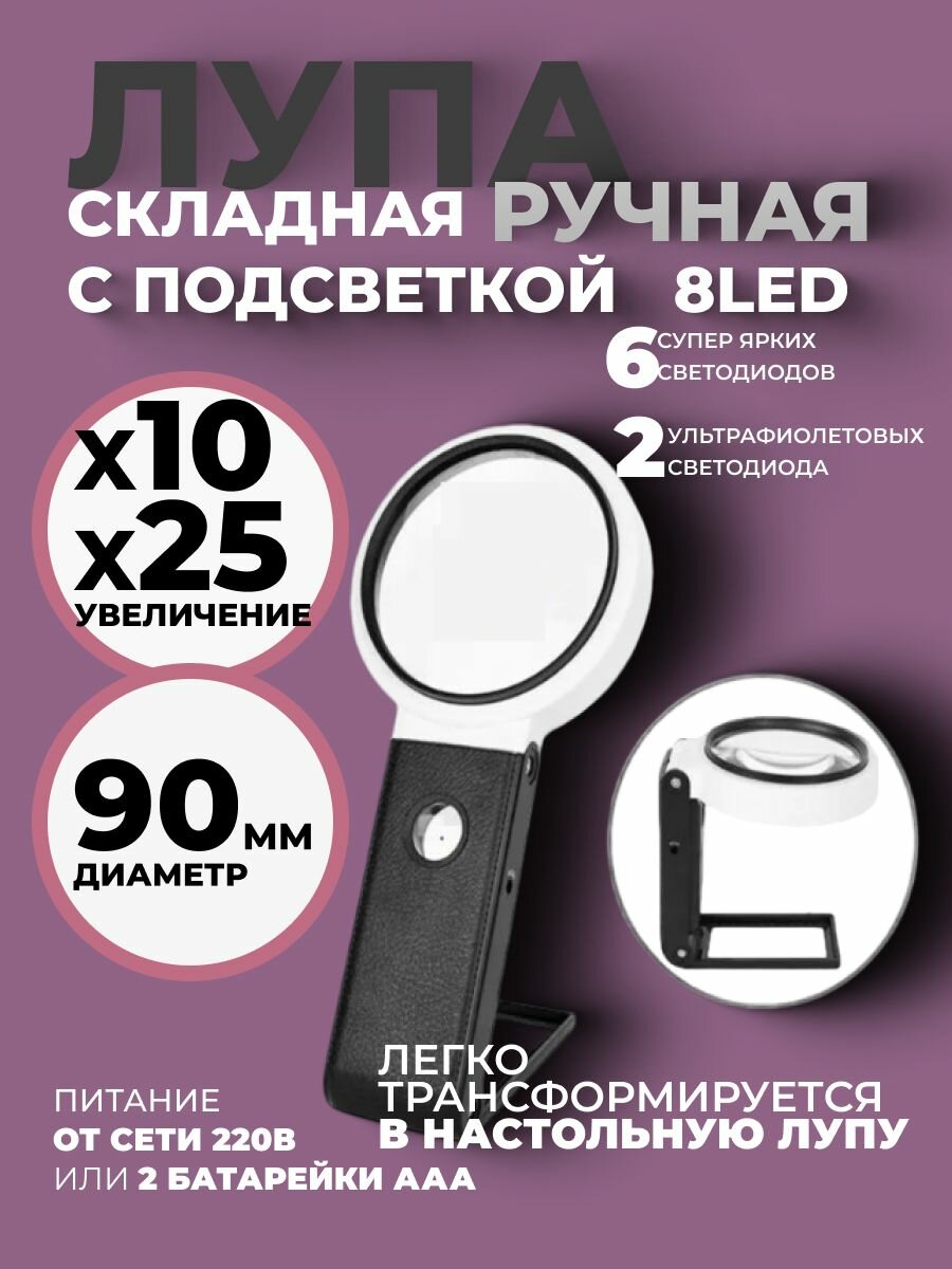 Лупа ручная 10x/25x-90 мм настольная складная лупа с подсветкой 8LED TH-7018-BD