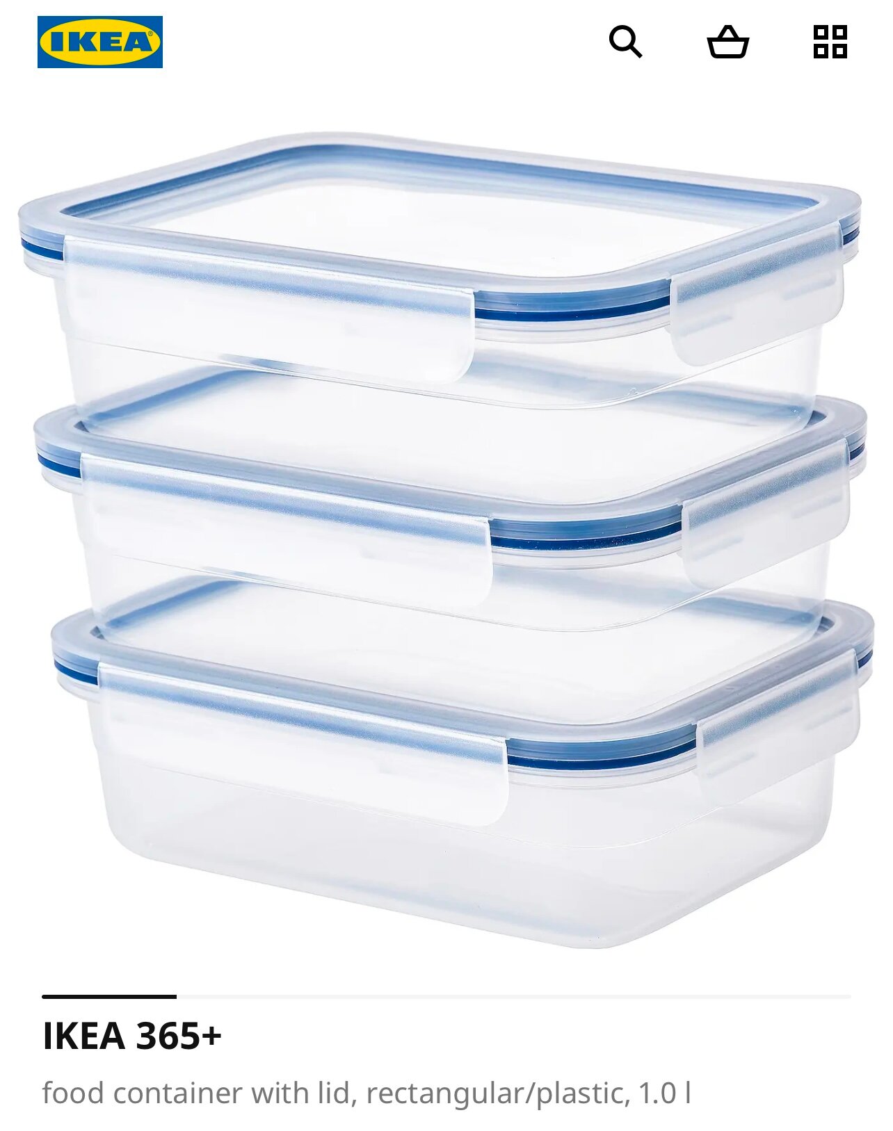 Пищевой контейнер IKEA 365+ , набор из 3 штук, прямоугольный/пластиковый, 1,0 л