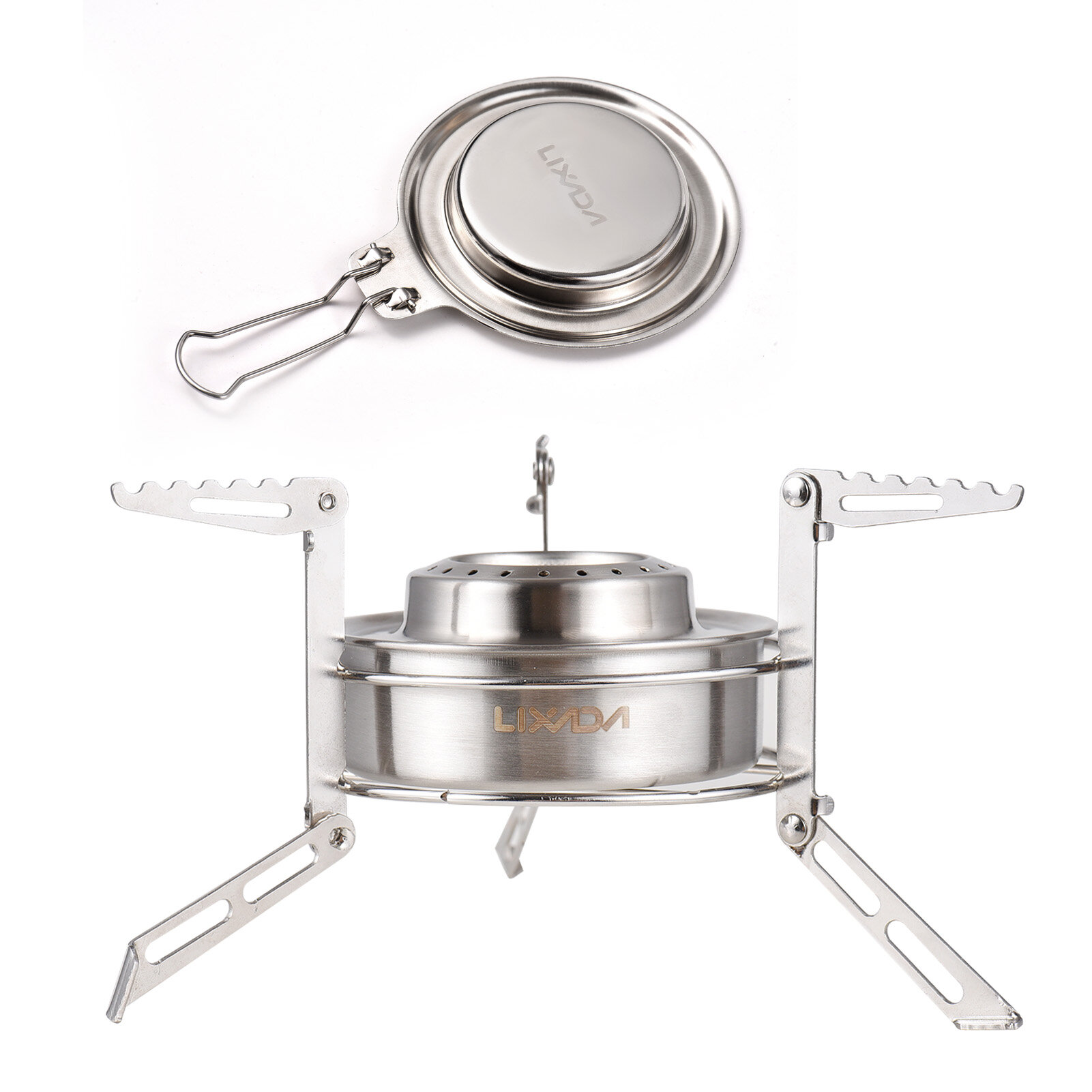 Мини-печка для походов с 120-миллилитровой спиртовой горелкой, крышкой и подставкой, складная, из нержавеющей стали для кемпинга, походов и обучения выживанию