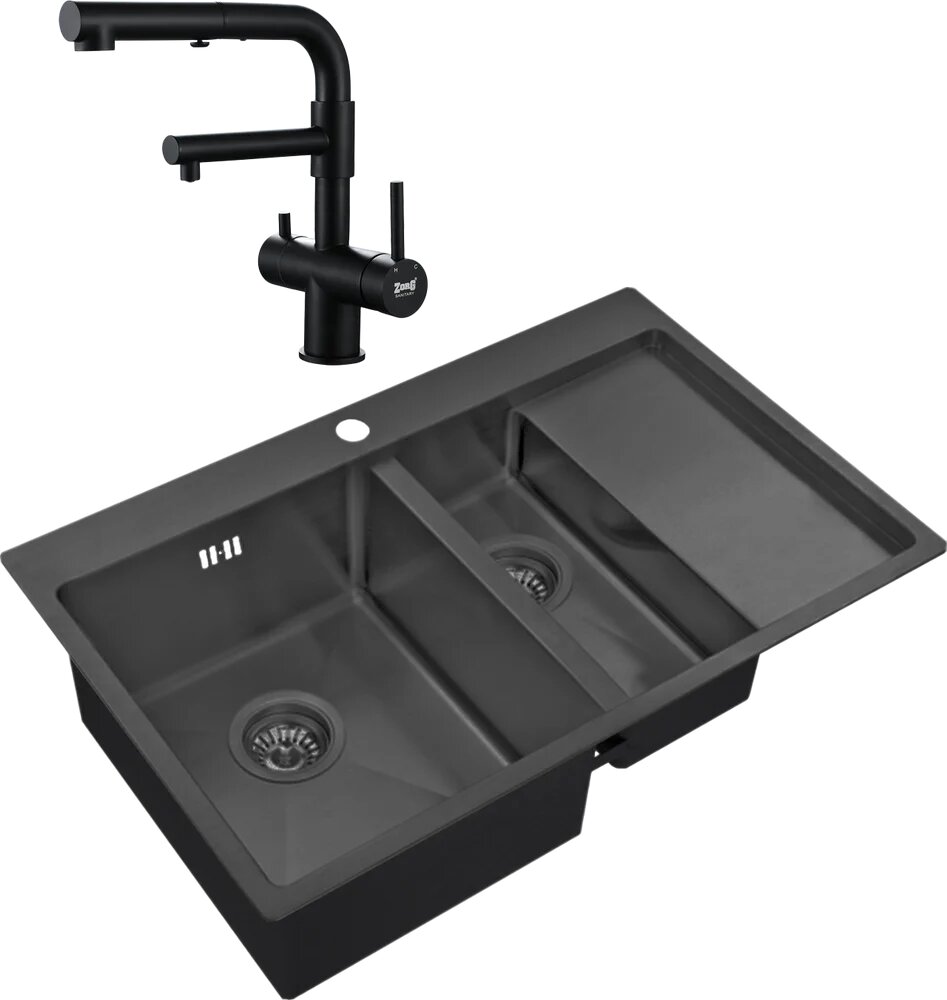 Комплект Мойка Zorg Inox PVD 5178-2-L, grafit / Смеситель Sanitary SZR-3216 Grafit, графит