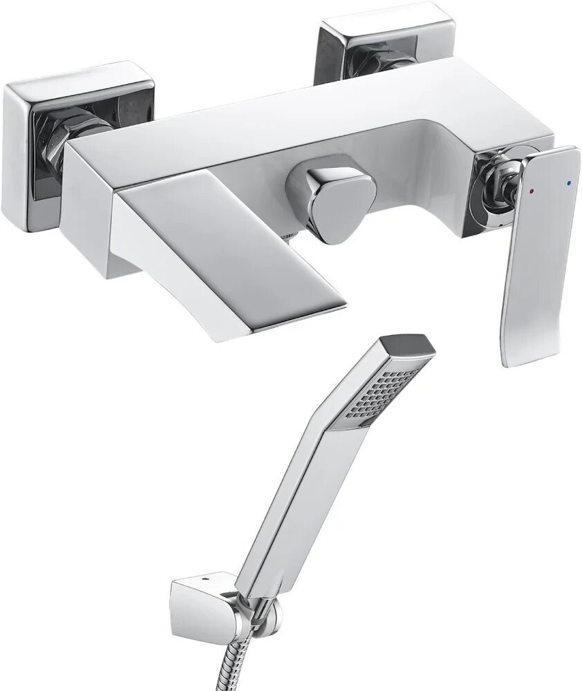 Смеситель для ванны с душем Lemark Contest LM5814CW с душевым гарнитуром, настенный, однорычажный, каскадный, белый, глянцевый, латунный, с керамическим картриджем