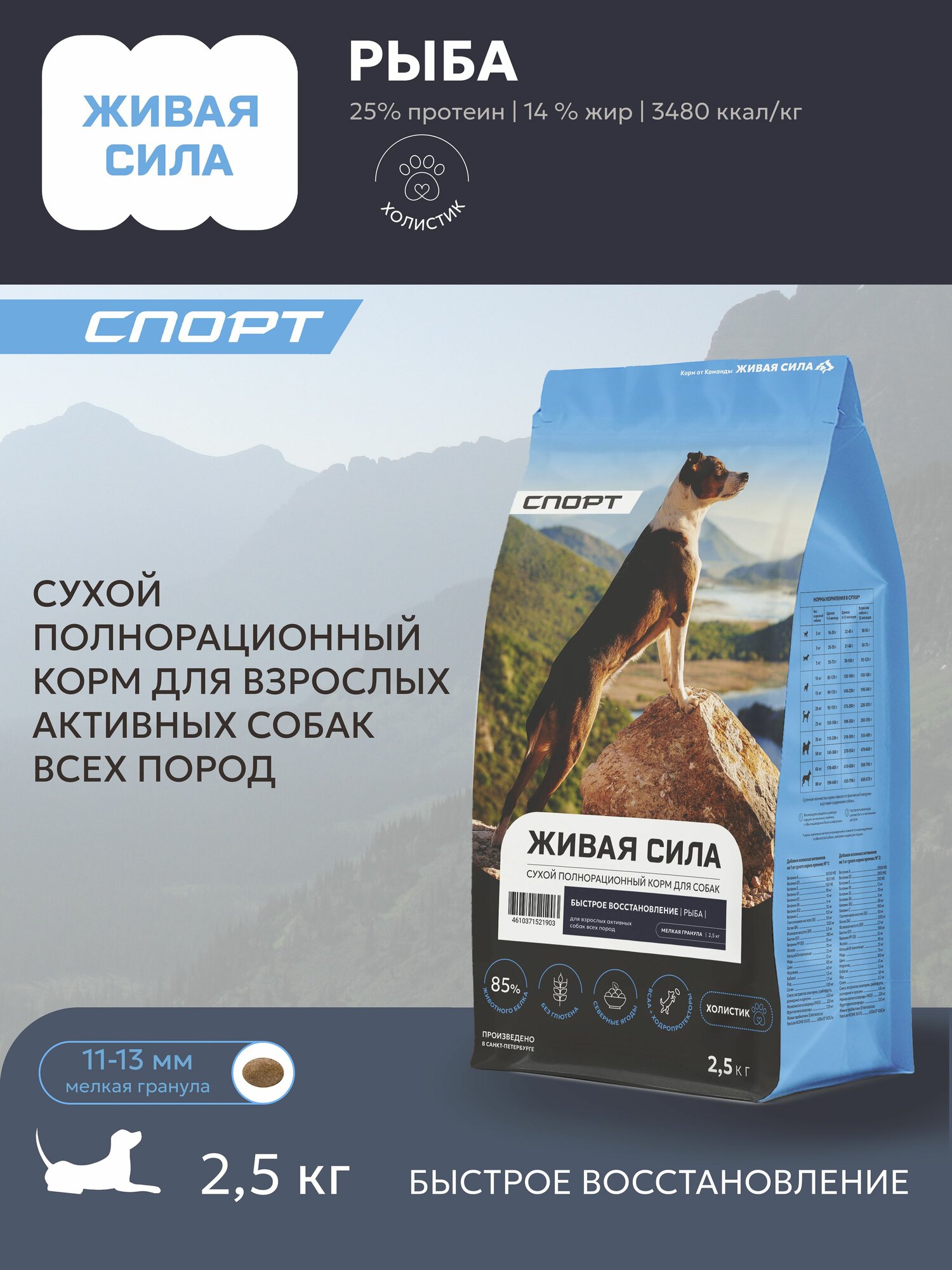 Живая Сила Спорт сухой полнорационный корм с рыбой для взрослых активных собак всех пород, мелкая гранула, 2,5кг