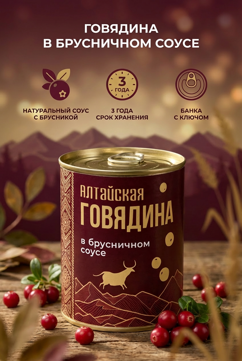 Тушенка Говядина в брусничном соусе Алтайская кусковая, банка с ключом 340 г