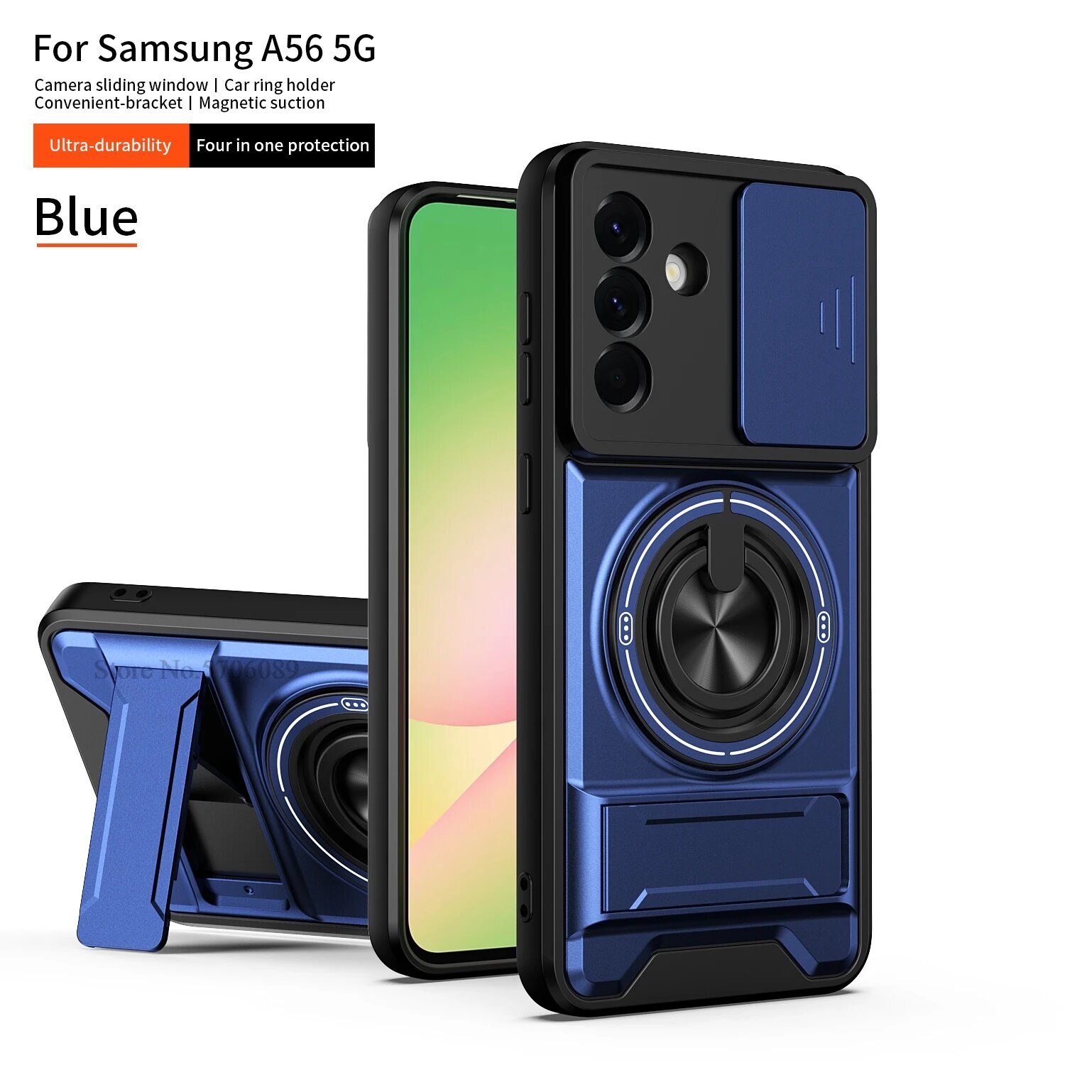 Чехол для Samsung Galaxy A56 5G синий с кольцом и защитой камеры