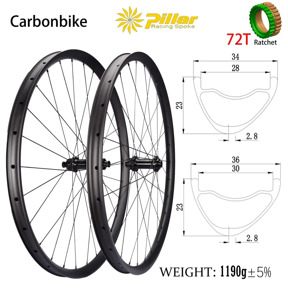 Карбоновые колеса для горных велосипедов Суперлегкие Глубина 23 мм Ширина 36/34 мм бескамерные обода Дисковые 72T Ratchet 29er Велосипедные колеса Только 1190 г