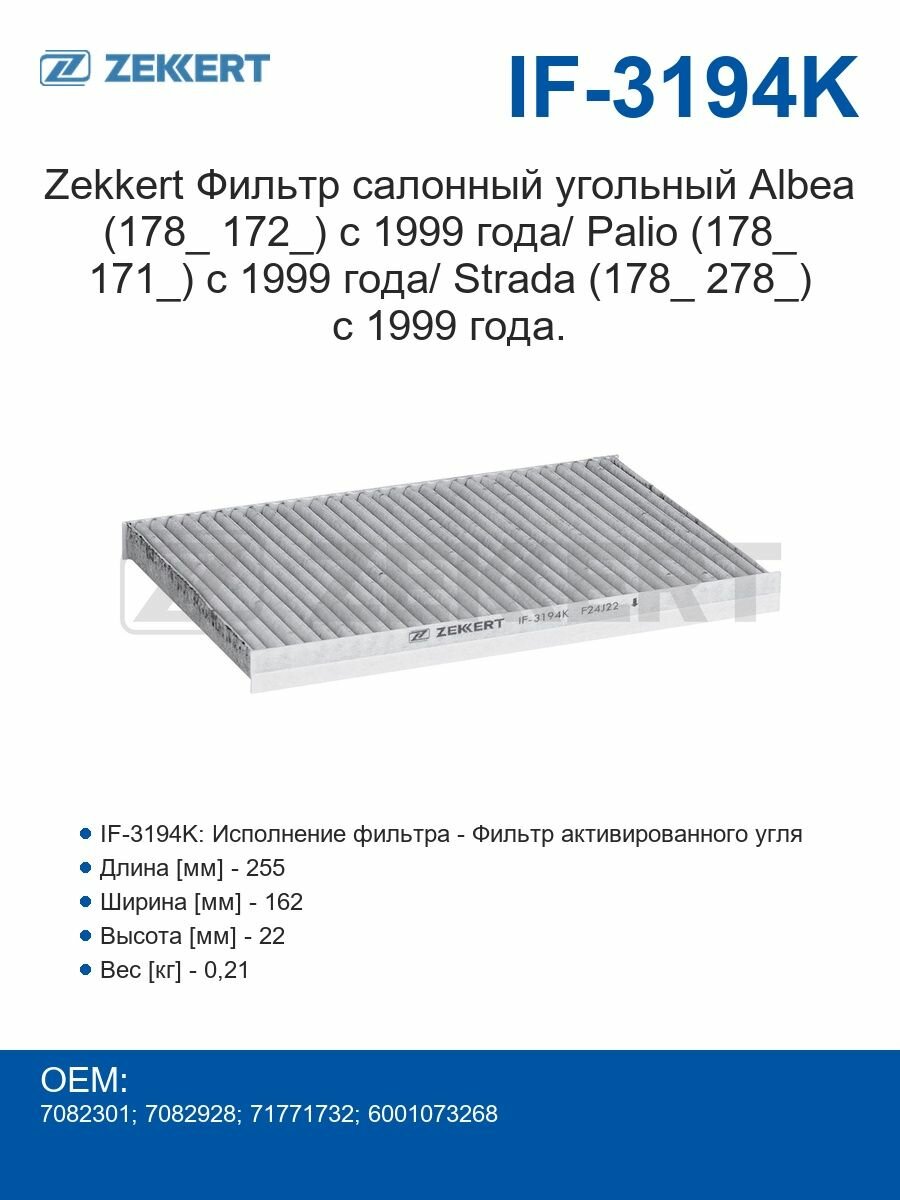 Zekkert Фильтр салонный угольный Albea (178_ 172_) с 1999 года/ Palio (178_ 171_) с 1999 года/ Strada (178_ 278_) с 1999 года.