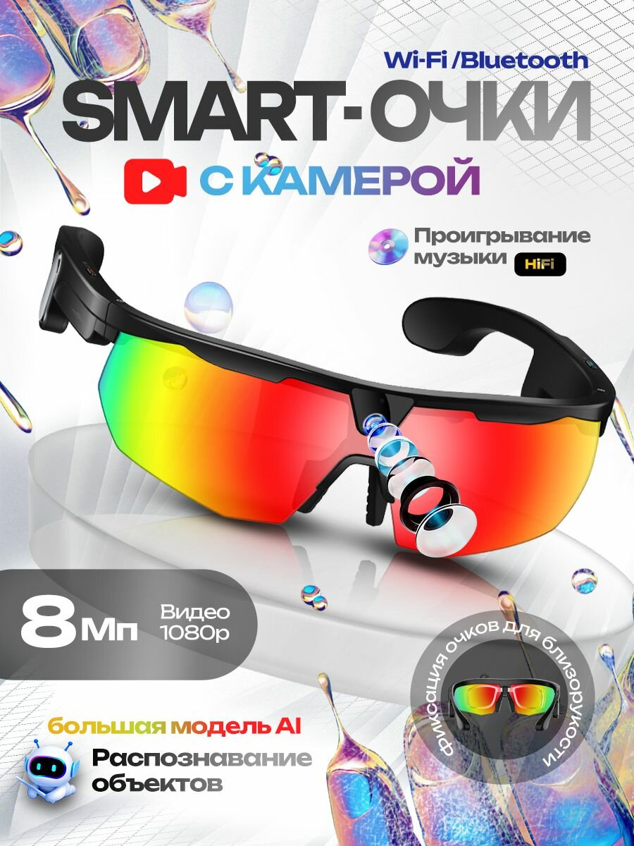 Спортивные Очки с камерой,4 ГБ памяти, AI , Фотографирование, фотографирование, Bluetooth-звонки, очки с записьюзвука