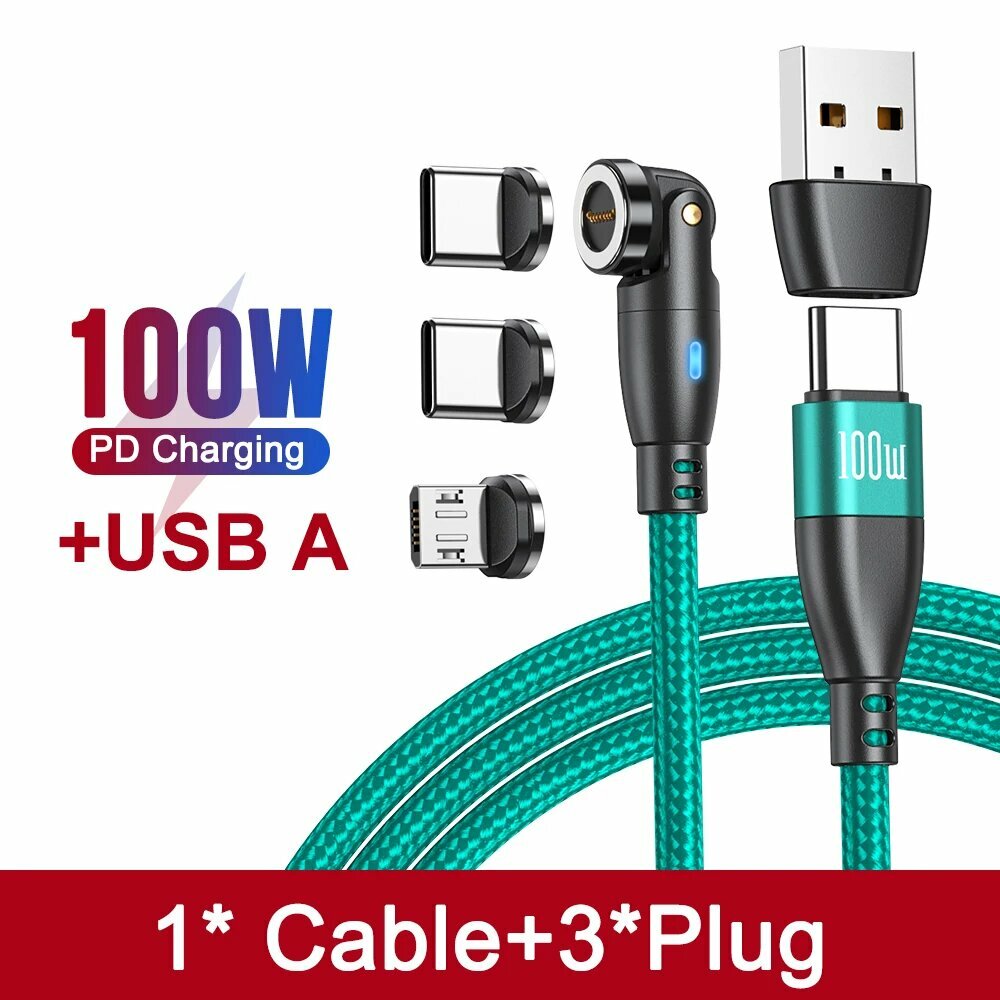 AUFU 100 Вт Магнитный кабель USB типа C 5A Кабель для быстрой зарядки Micro 1,8 м, Green with 3Tips