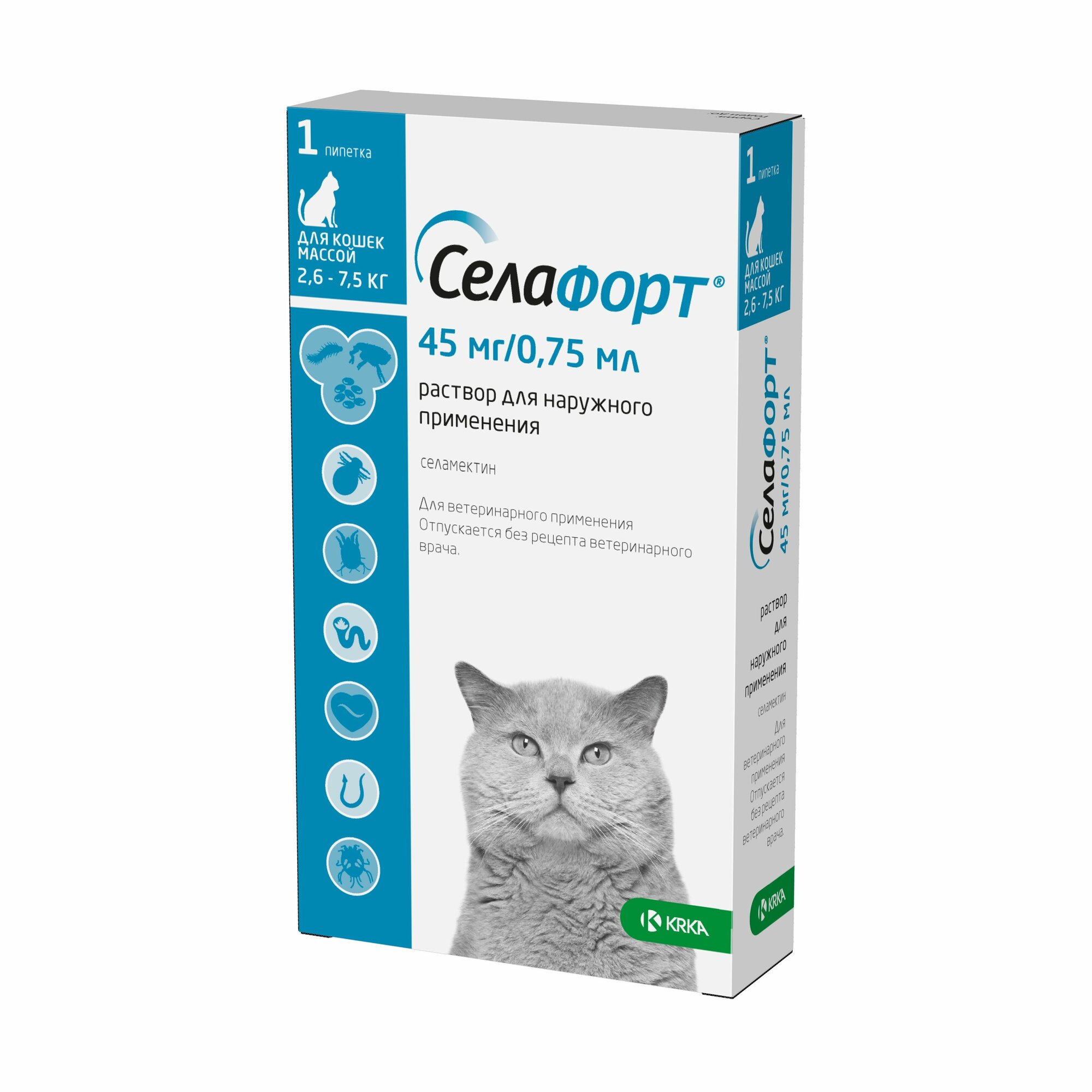 Селафорт 45 мг, 1 пипетка, для кошек 2,5-7,5 кг, защита от блох, клещей и паразитов