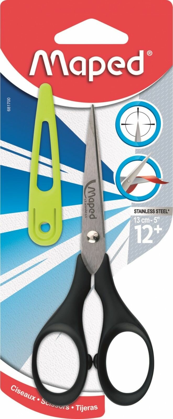 Ножницы детские Maped Precise 130 мм, остроконечные, с защитным колпачком, черный (681700)
