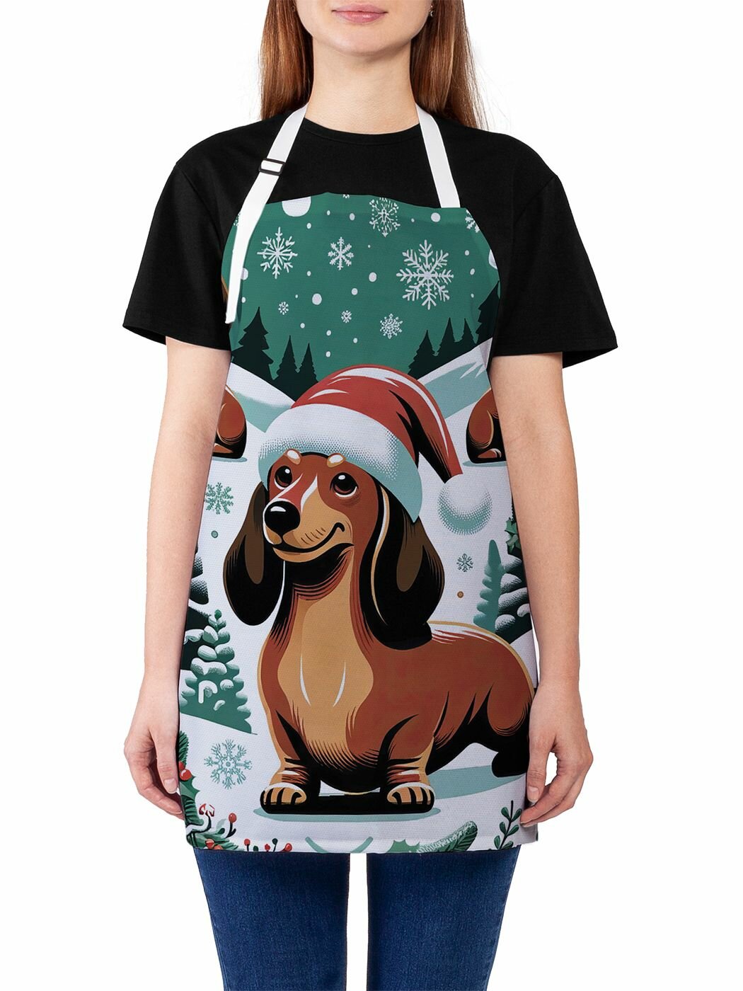 Фартук для кухни тканевый "Таксы на прогулке" / водоотталкивающий, универсальный размер , JoyArty, серия Новый год