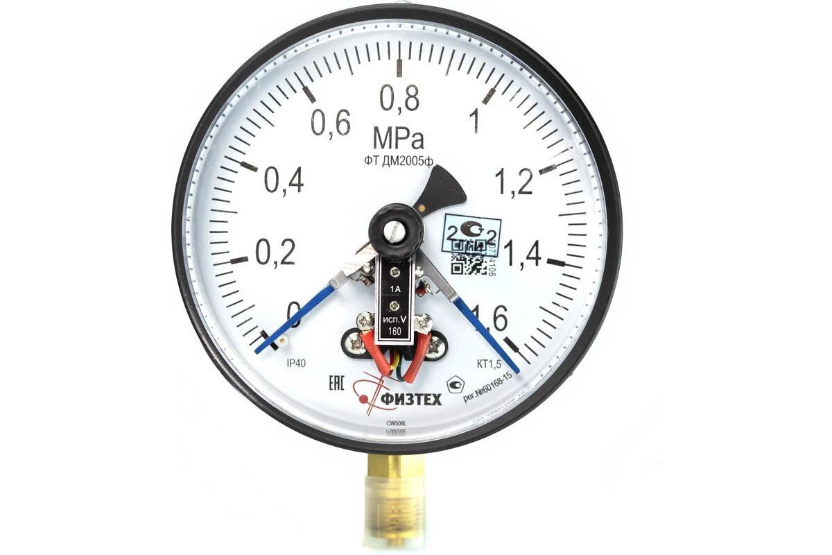 Манометр Физтех ПО АО ДМ2005ф, диапазон 0-1,6 МПа, диаметр 160 мм, резьба M20x1,5, IP40