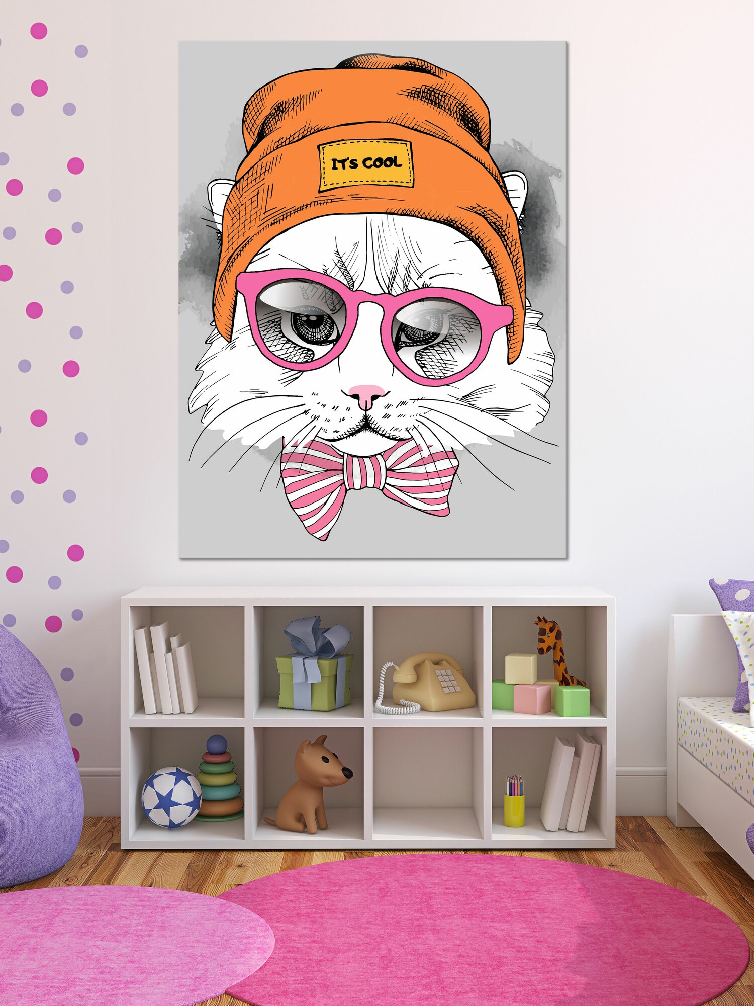 Картина 40х60 см "Арт кот в шапке и очках" на холсте (плотность 300 гр/м) на подрамнике с бортиком, галерейная натяжка, крепления (без сверления) / картина на стену для интерьера / Palitra