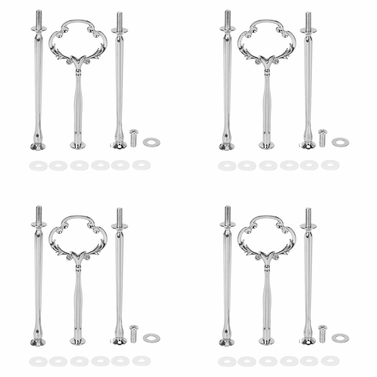 4 комплекта, 3-х ярусная подставка для тарелки для торта, фурнитура для крепления центральной ручки из тяжелого металла. Форма стержня: богато украшенное викторианское серебро.