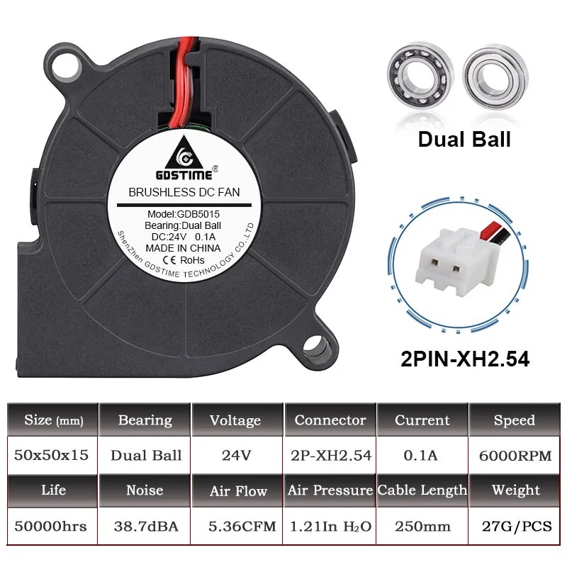 Вентилятор Gdstime 50x50x15 мм, 24V, 6000RPM, Dual Ball