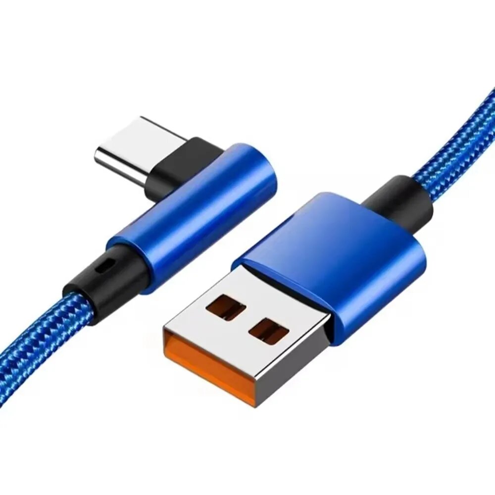 Кабель USB Type-C, синий, 25 см, 6A, 66W, угловой