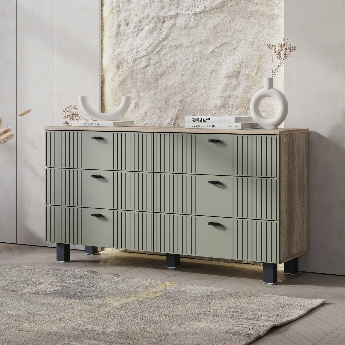 Комод BTS Олива КМ-04, 6 ящиков, ЛДСП, цвет дуб каньон / эвкалипт софт