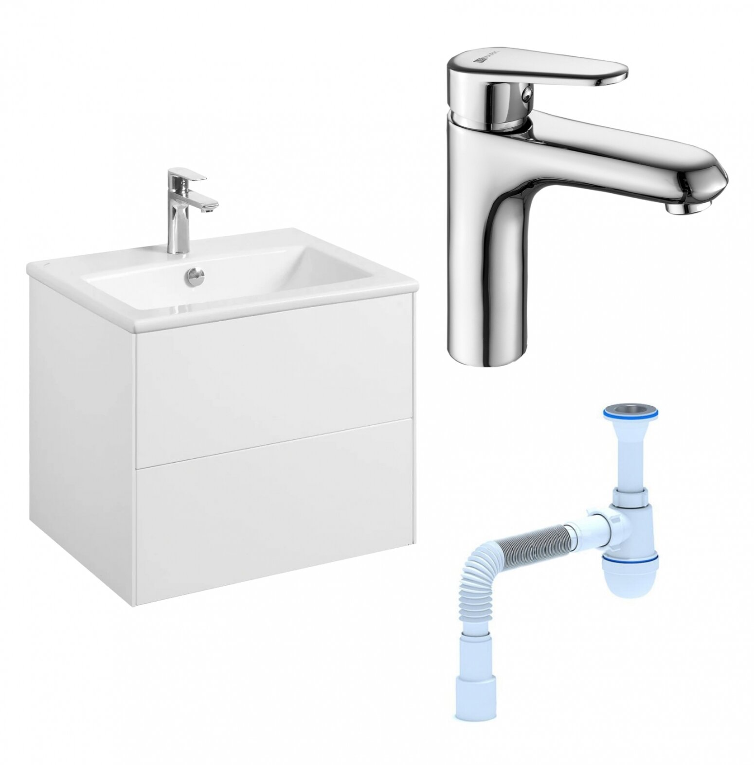 Комплект: Тумба с раковиной Акватон Сохо 60 белая + Смеситель Lemark Point LM0306C хром + Сифон АниПласт 492403+LM0306C+C2015xrv