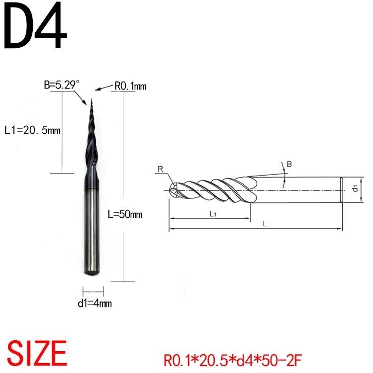 Jerray R=0,1 мм с диаметром 3,175 мм/4 мм HRC55 Деревообработка Резьба Коническая сферическая концевая фреза Фрезы с ЧПУ Фрезы R0.1X20.5XD4X50-B