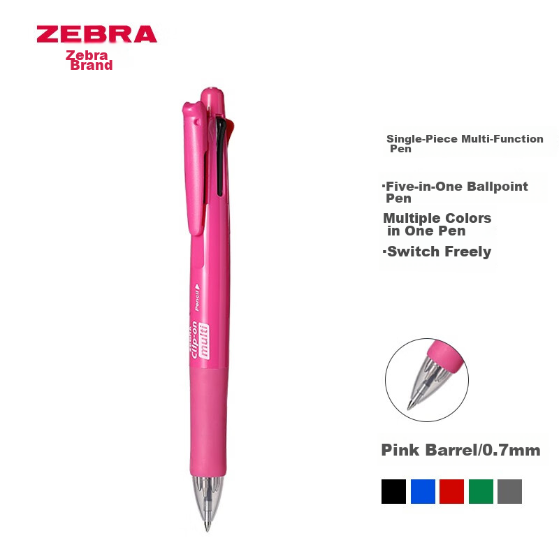 ZEBRA Five-In Multi-Color Pen (0.7mm Four-Color Ballpoint Pen + 0.5mm Mechanical Pencil), Black Blue Red Green, Student Business Office Signing Pen B4SA1, Pink Barrel