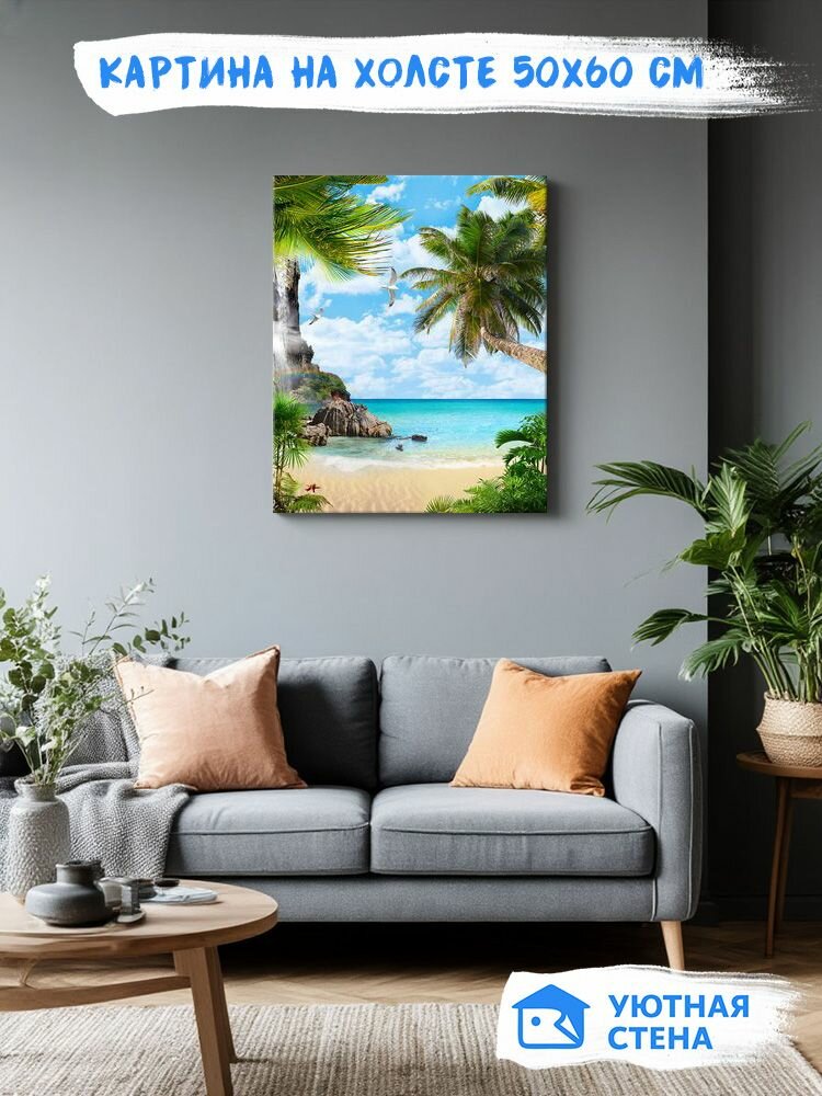 Картина на натуральном холсте Уютная стена "Дикий пляж с пальмами и морем" 50х60 см