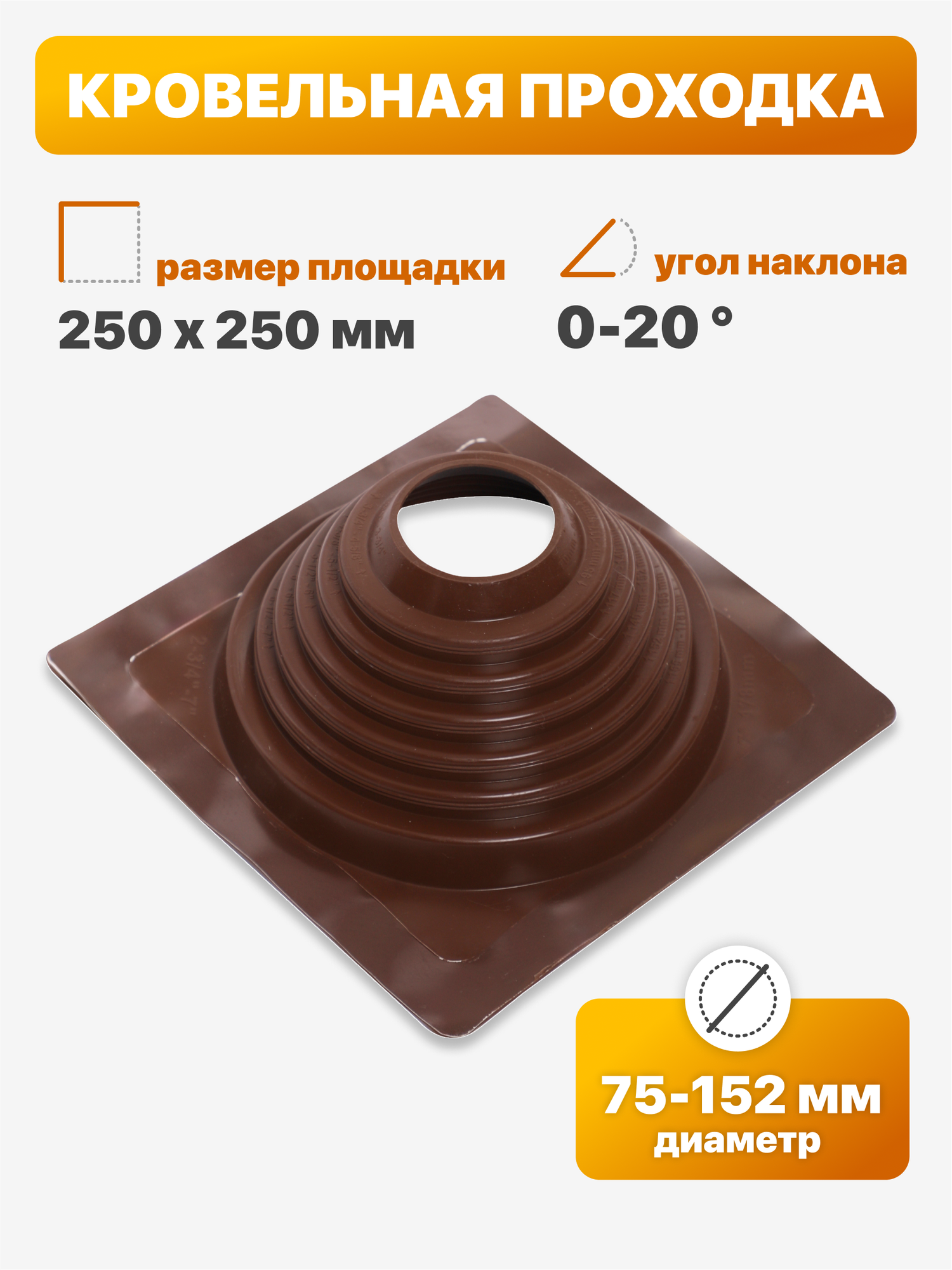Уплотнитель кровли (кровельная проходка) №36 прямой 75-152мм 250х250мм коричневый